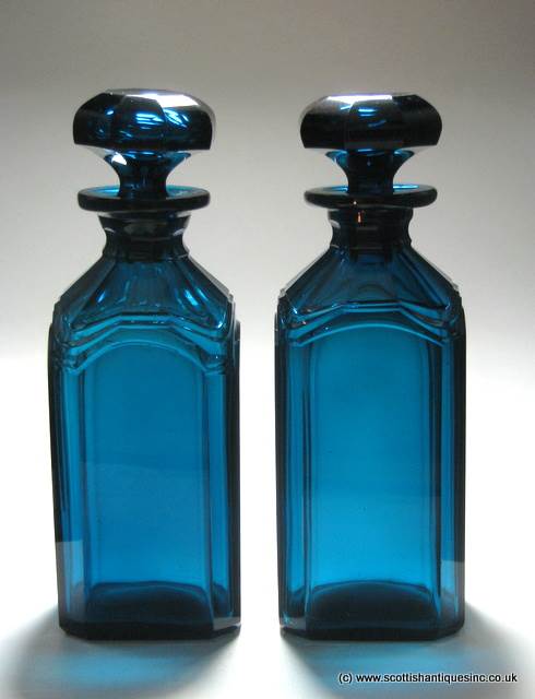 SOLD – Pair Georgian Peacock Blue Glass Decanters c1820