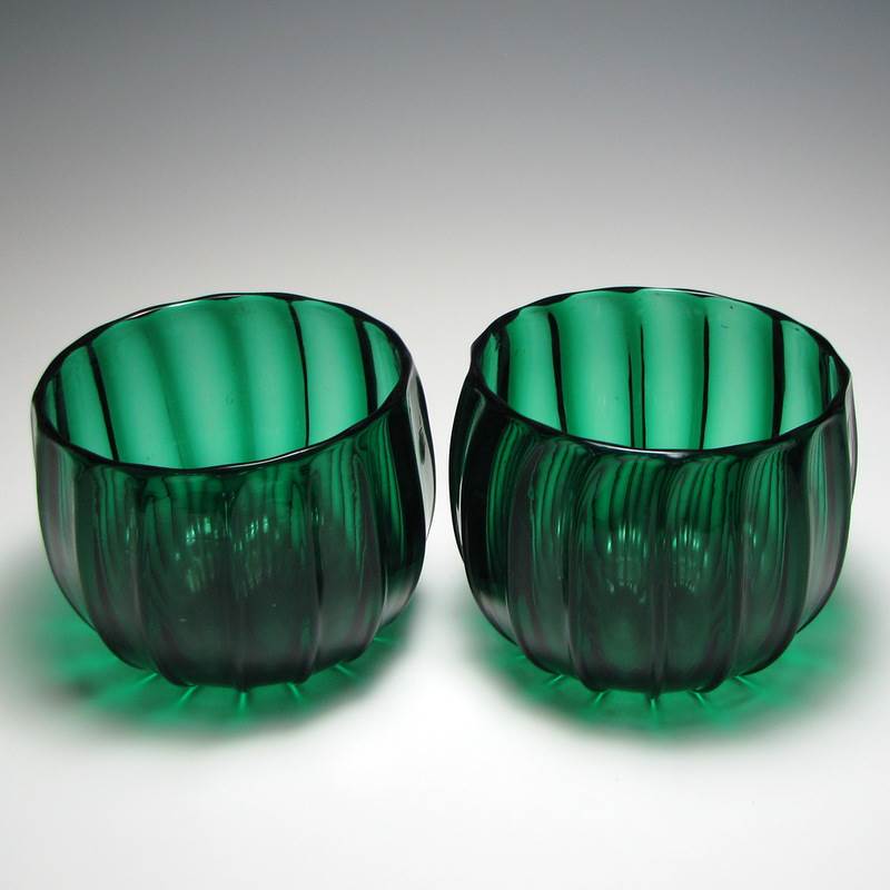 Pair of Victorian Ribbed Green Finger Bowls c1850