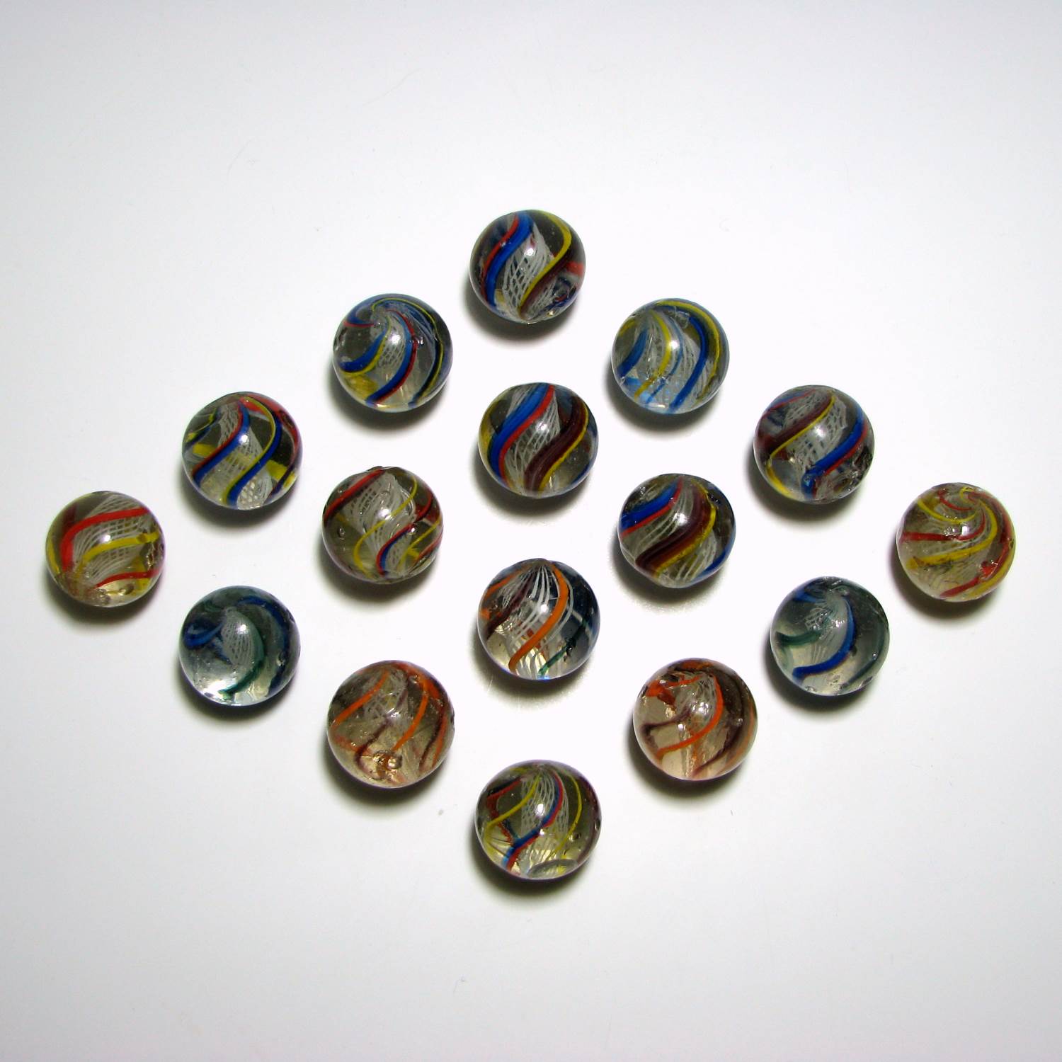 Sixteen German Latticinio Core Marbles 2.5cm c1860