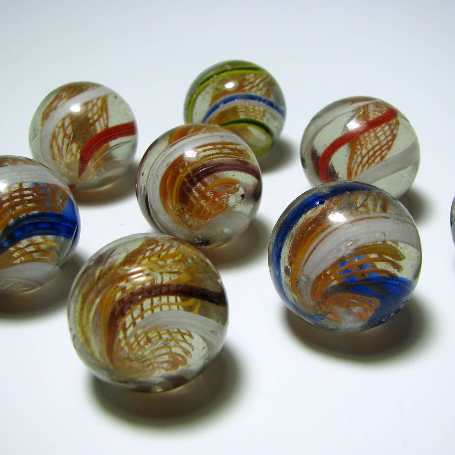 Nine German Yellow Latticinio Core Marbles 2.5cm c1860