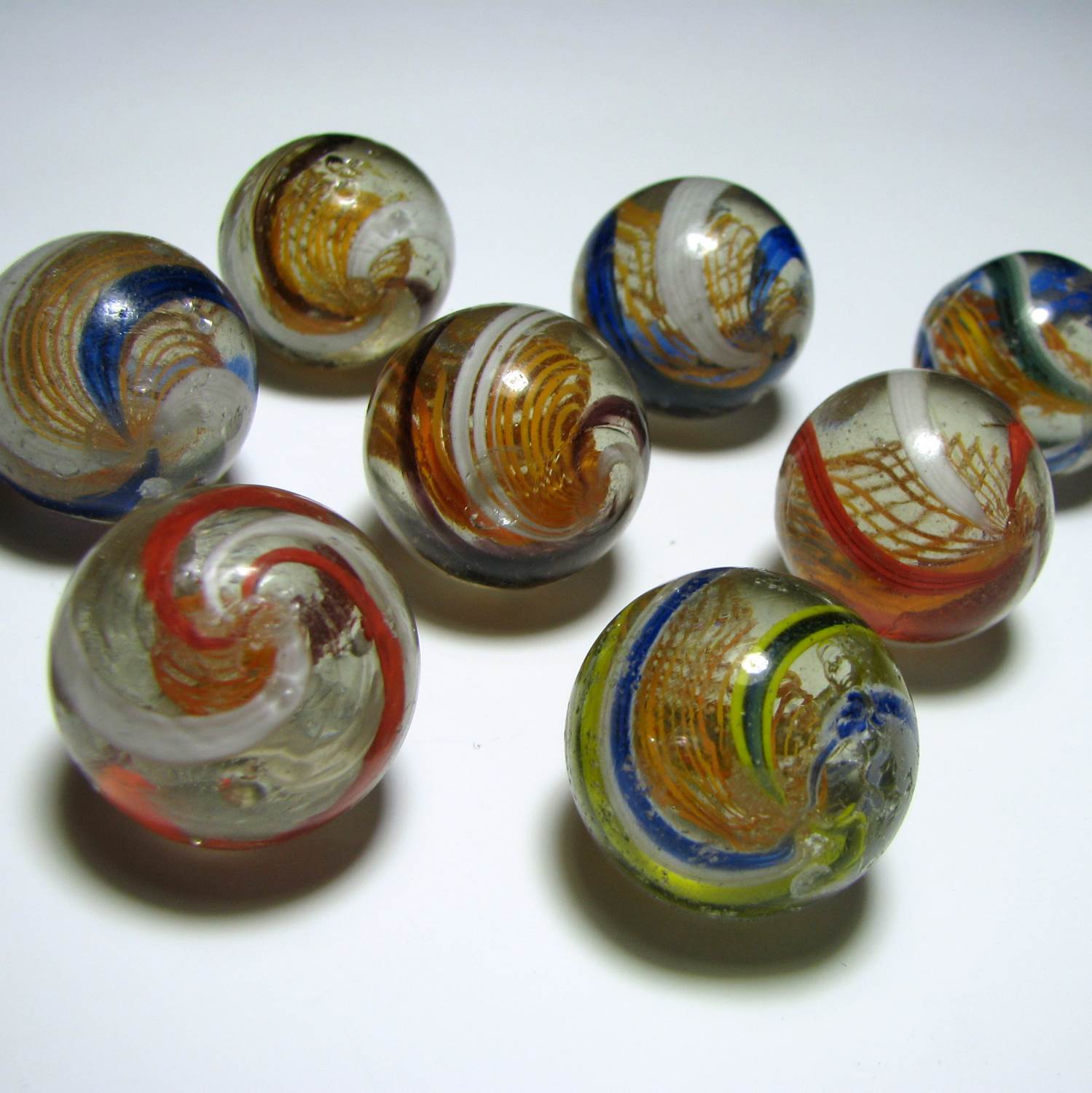 Nine German Yellow Latticinio Core Marbles 2.5cm c1860