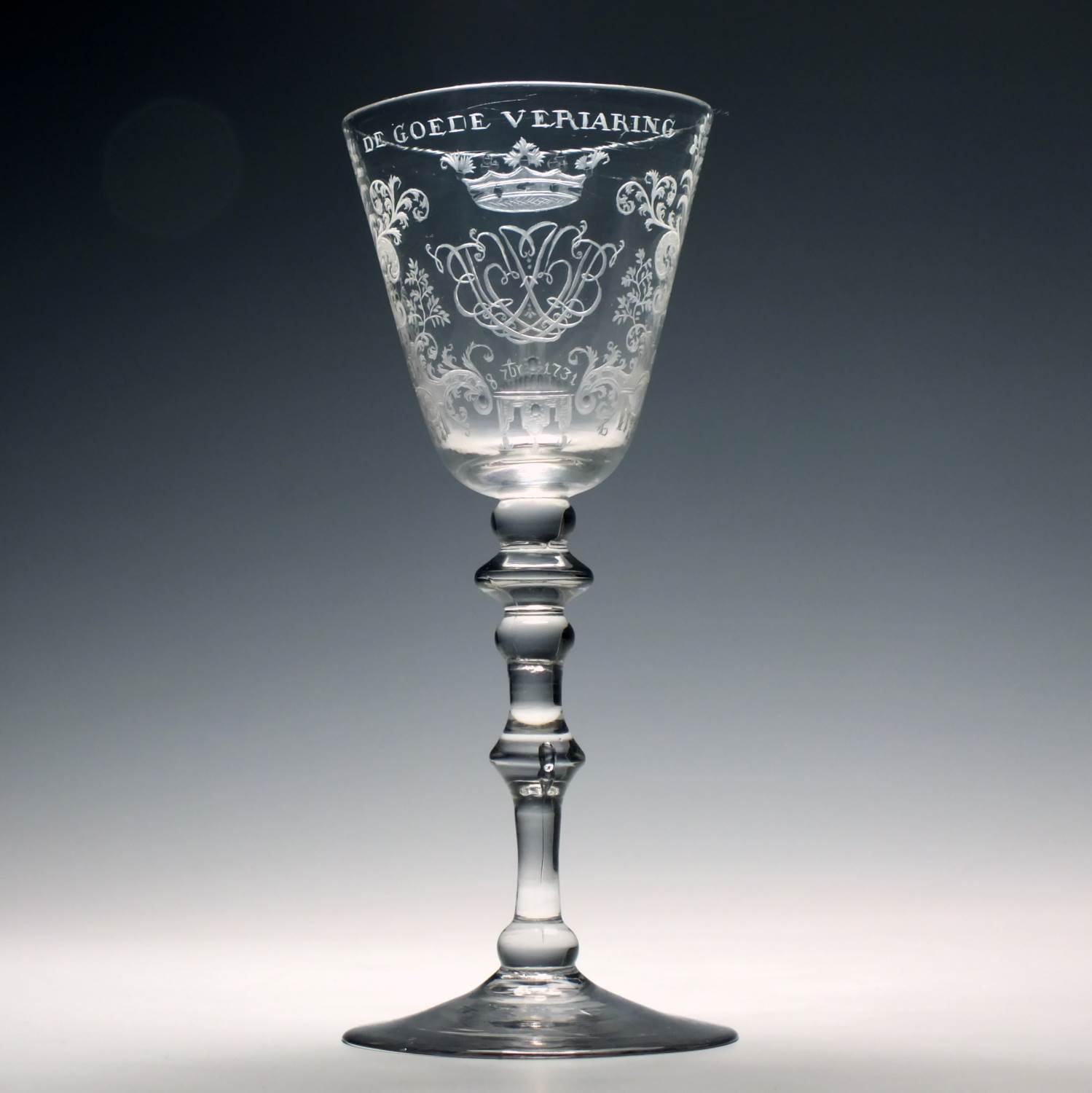 Dutch Engraved Newcastle Light Baluster Wine Glass c1755