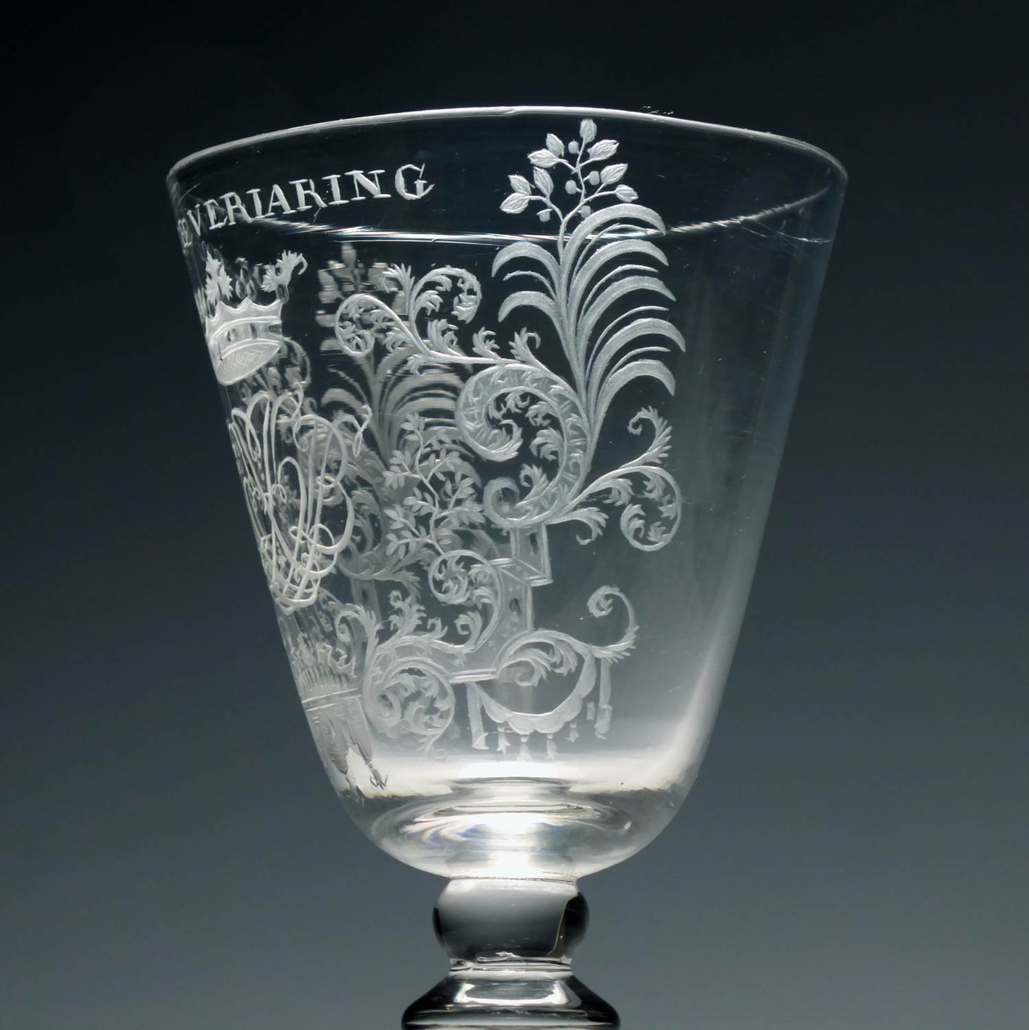 Dutch Engraved Newcastle Light Baluster Wine Glass c1755