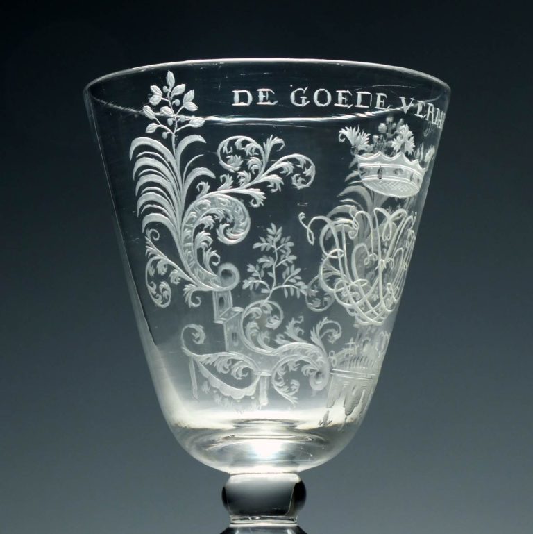 Dutch Engraved Newcastle Light Baluster Wine Glass c1755