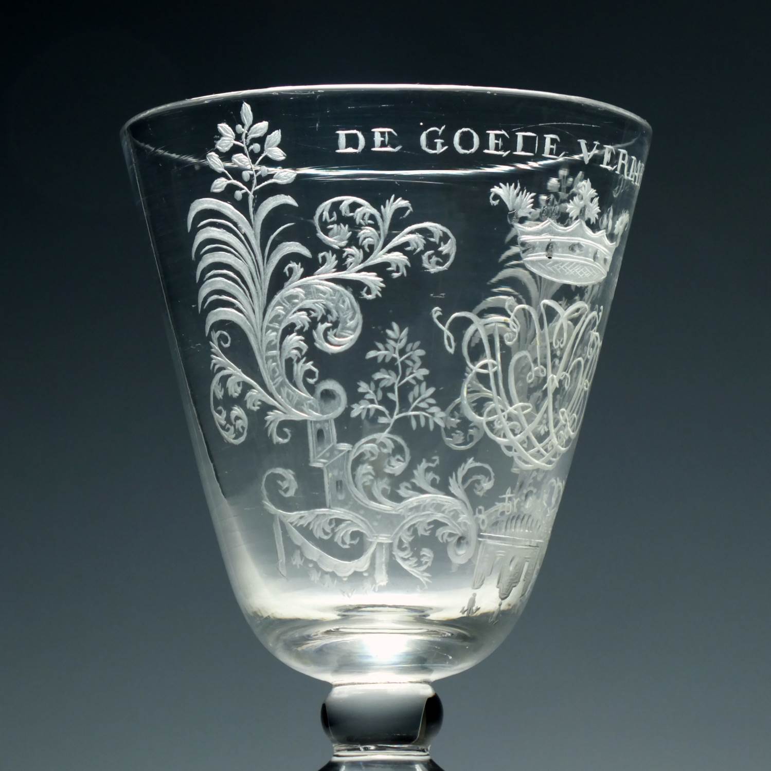 Dutch Engraved Newcastle Light Baluster Wine Glass c1755