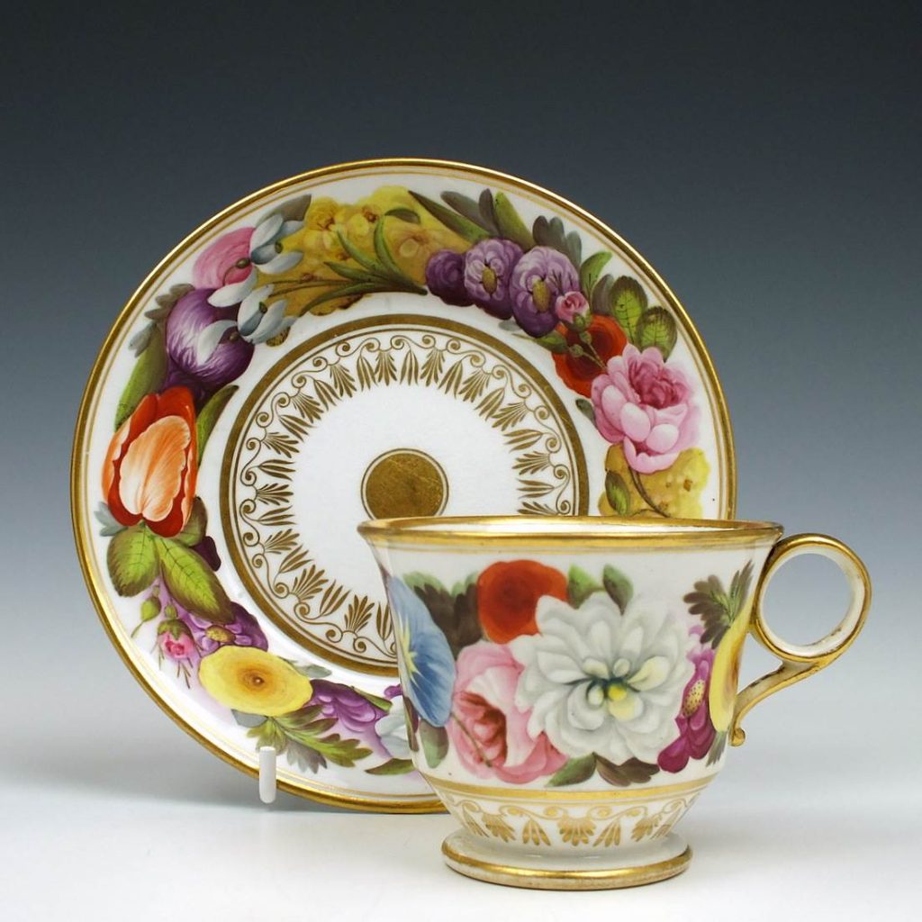 Hand painted Floral Coalport Porcelain Tea Cup and Saucer c1810