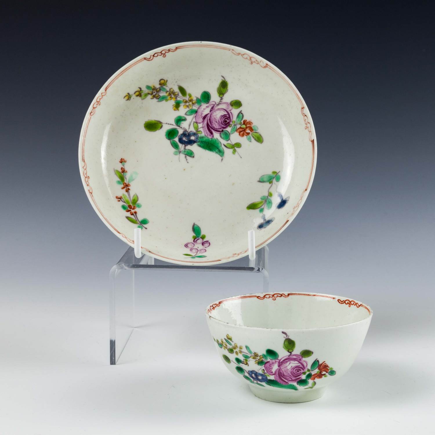 Liverpool Philip Christian Rose Pattern Teabowl and Saucer c1768