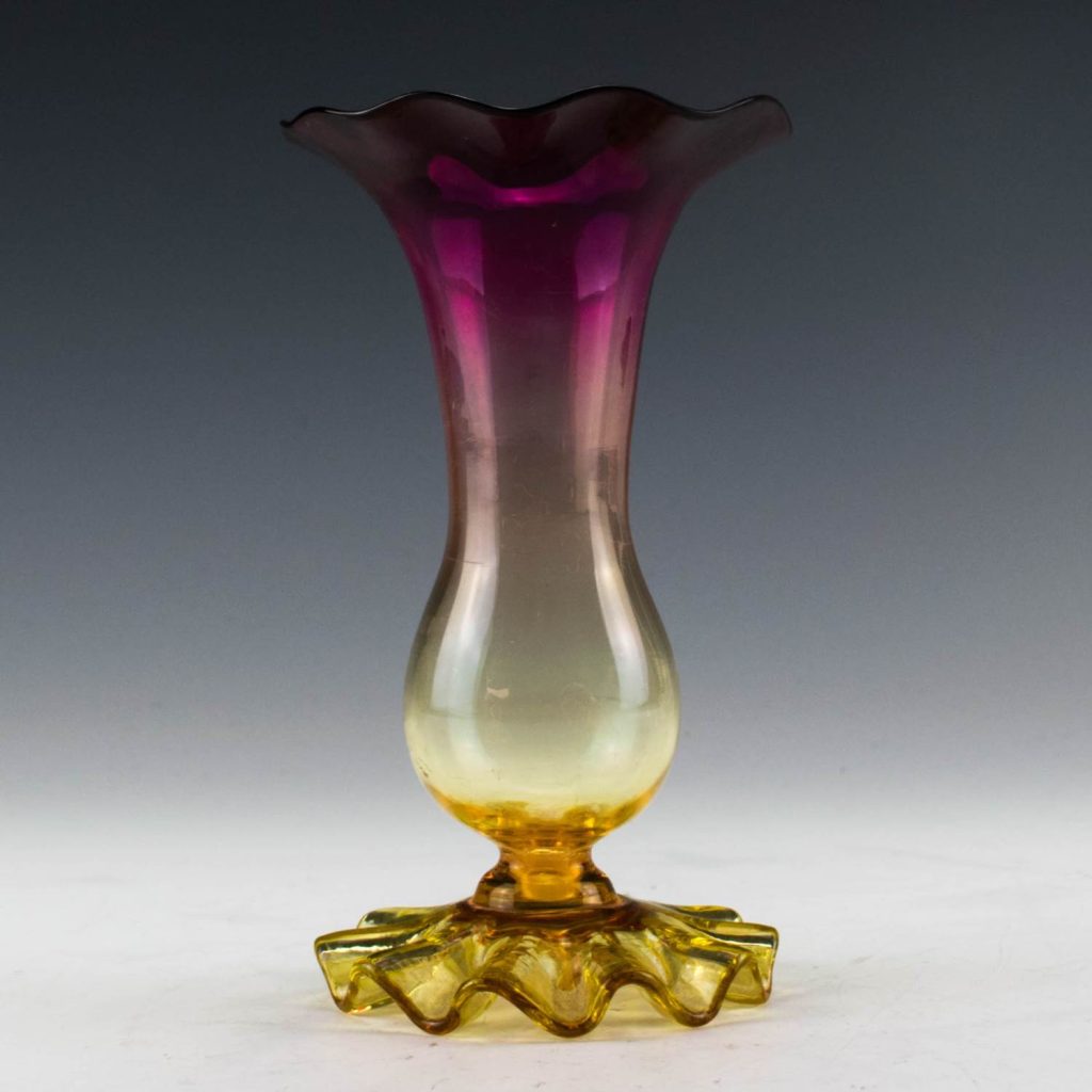 Thomas Webb and Sons Alexandrite Crimped Footed Vase c1900