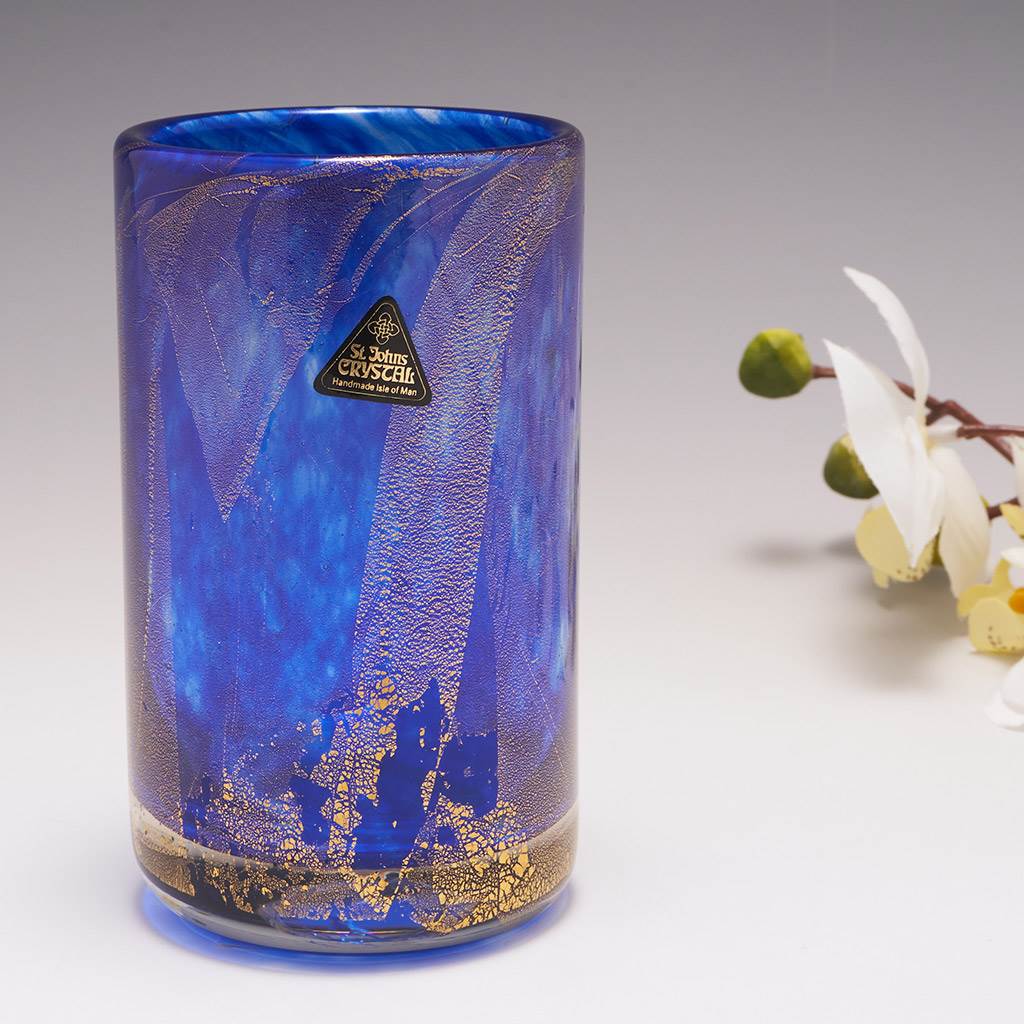 A St John’s Crystal Isle Of Man Azurene Gold Blue Vase c1982