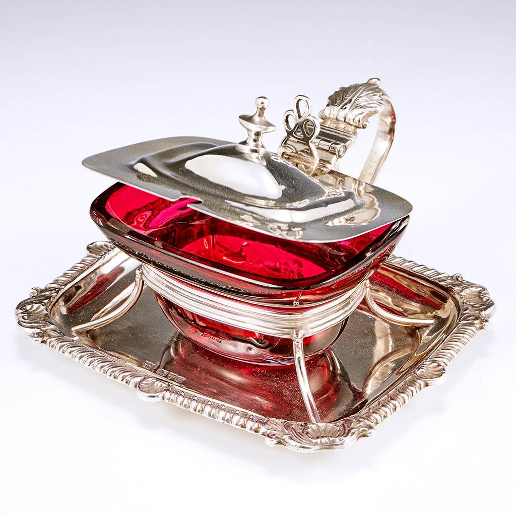 Sterling Silver Mustard With Cranberry Glass Liner Chester 1906