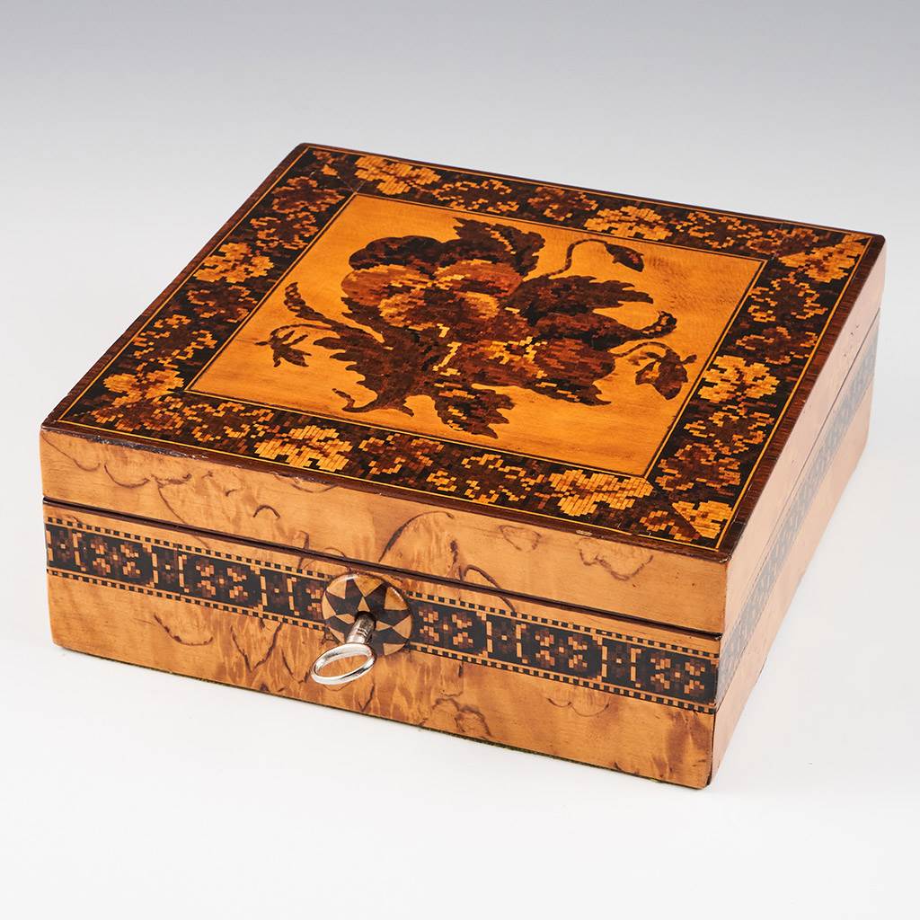 Satin Birch Tunbridge Ware Handkerchief Box c1850