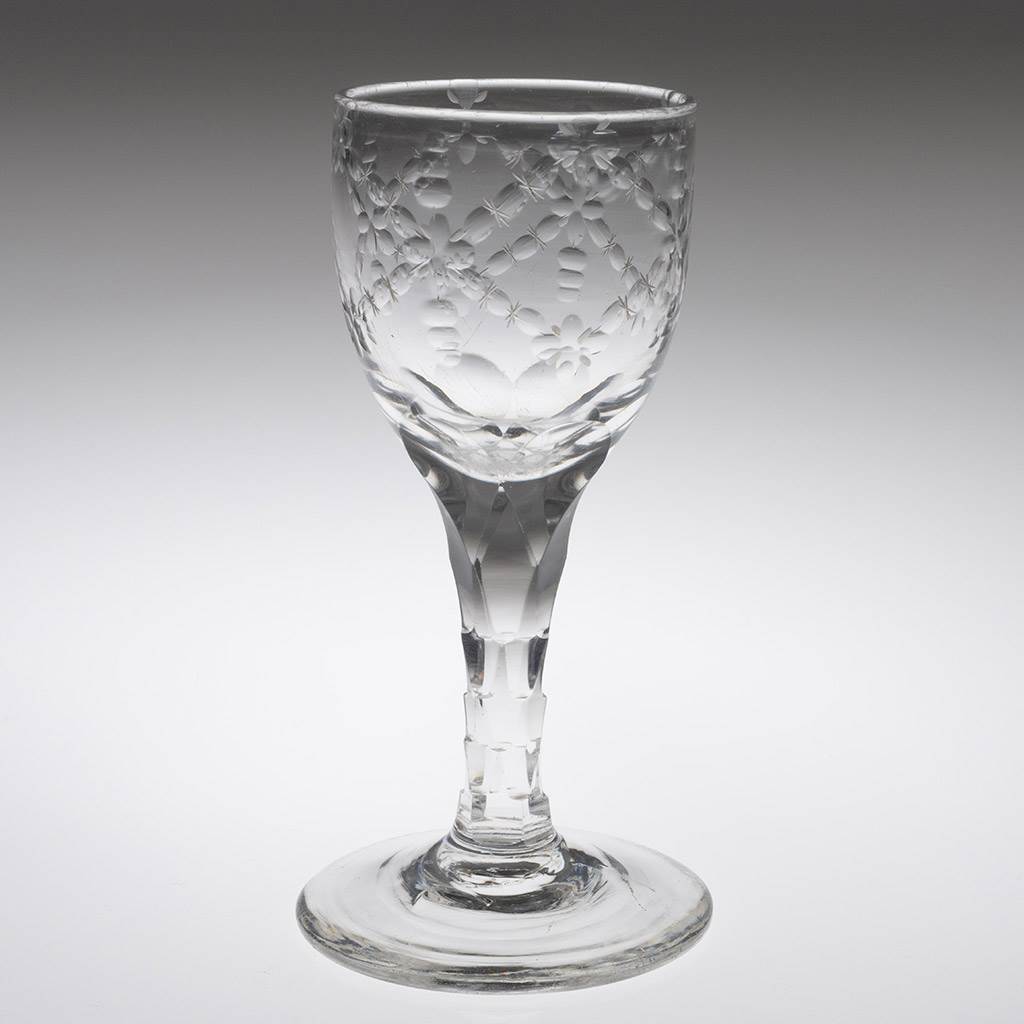An Engraved and Polished Facet Cut Stem Port Glass c1800