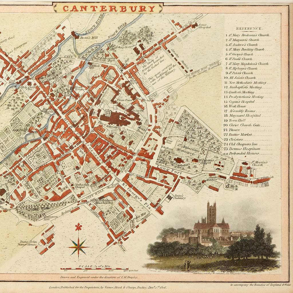Antique Print Map of Canterbury From The Beauties of England & Wales 1808
