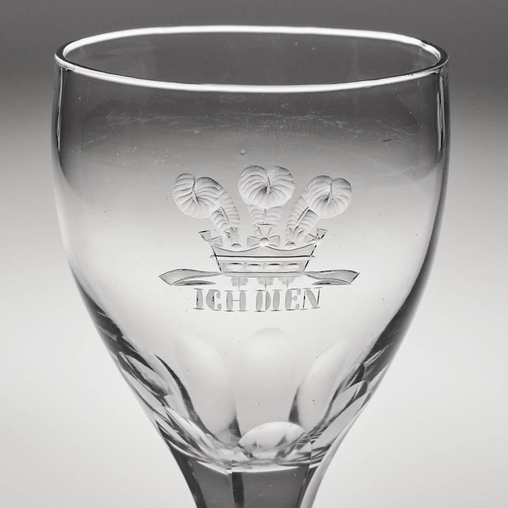 Engraved Ich Dien Prince of Wales Facet Cut Wine Glass c1762