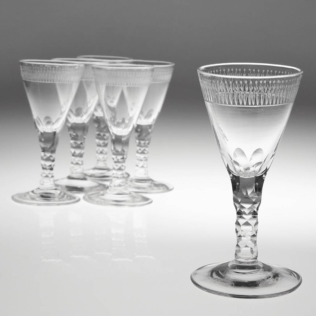 Six18th Century Facet Cut Stem Wine Or Port Glasses c1780