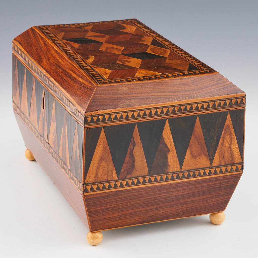 Early Tunbridge Ware Tea Caddy with Isometric Cube and Van Dyke ...