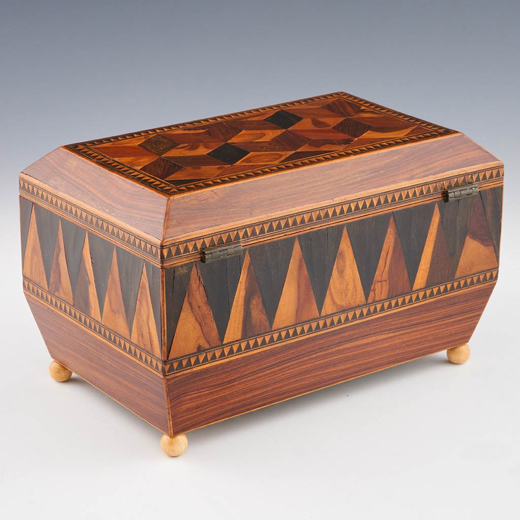 Early Tunbridge Ware Tea Caddy with Isometric Cube and Van Dyke ...