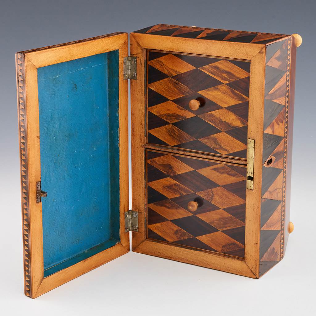 Early Tunbridge Ware Tea Caddy with Isometric Cube and Van Dyke ...