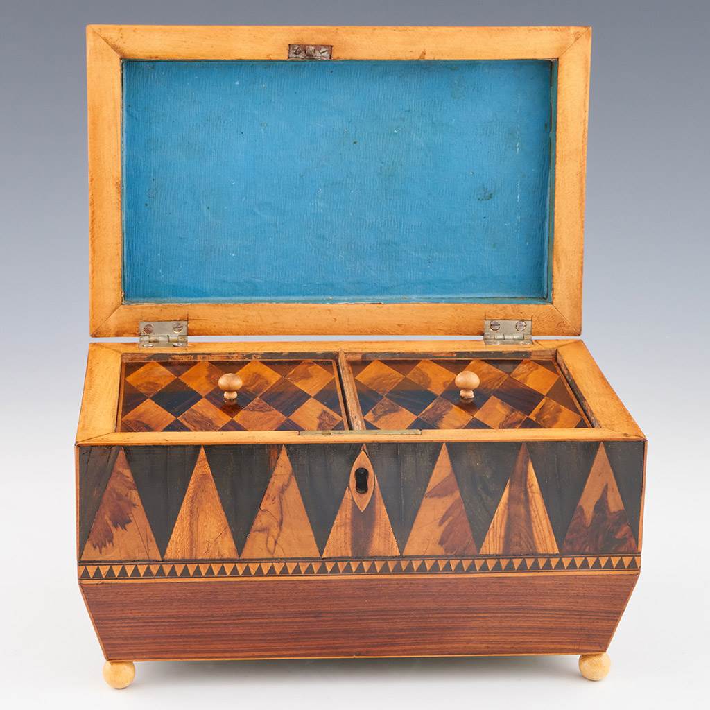 Early Tunbridge Ware Tea Caddy with Isometric Cube and Van Dyke ...