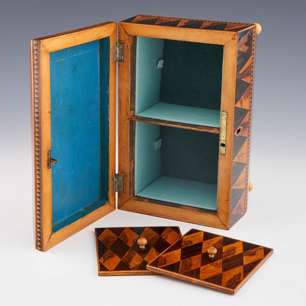 Early Tunbridge Ware Tea Caddy with Isometric Cube and Van Dyke ...