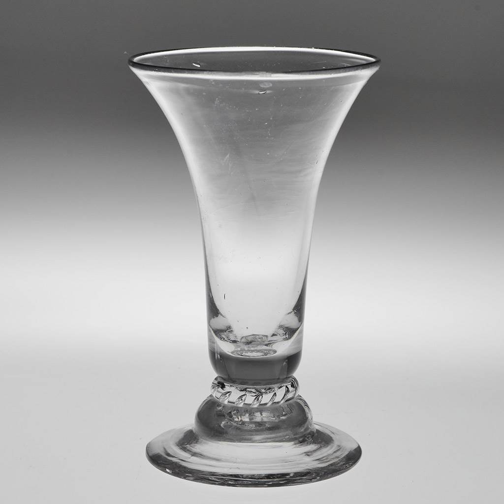 18th Century Dram Glass with Air Beaded Knop and a Domed Foot c1750