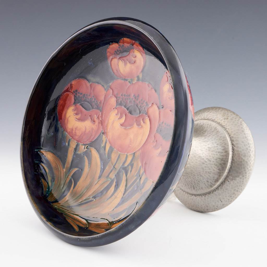 A William Moorcroft Big Poppy Pattern Pewter Mounted Tazza c1920