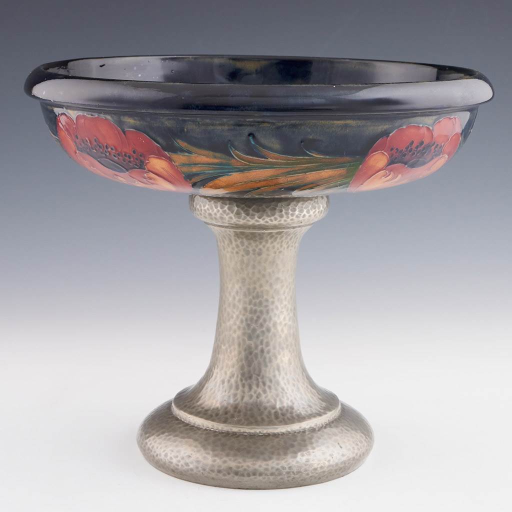 A William Moorcroft Big Poppy Pattern Pewter Mounted Tazza c1920