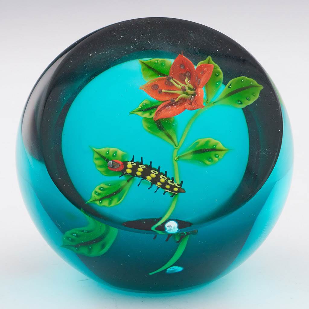 A Rare William Manson Lilium and Caterpillar Paperweight c1980