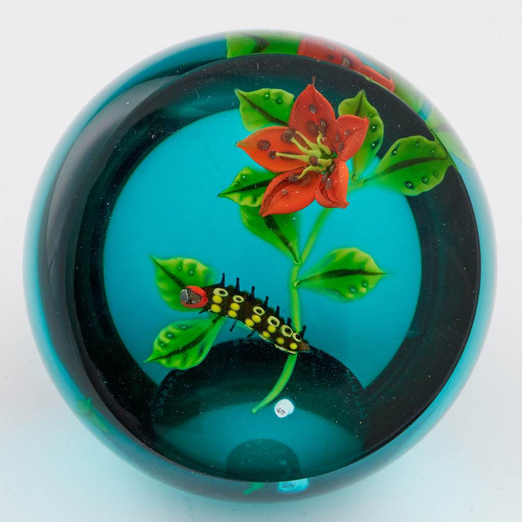 A Rare William Manson Lilium and Caterpillar Paperweight c1980