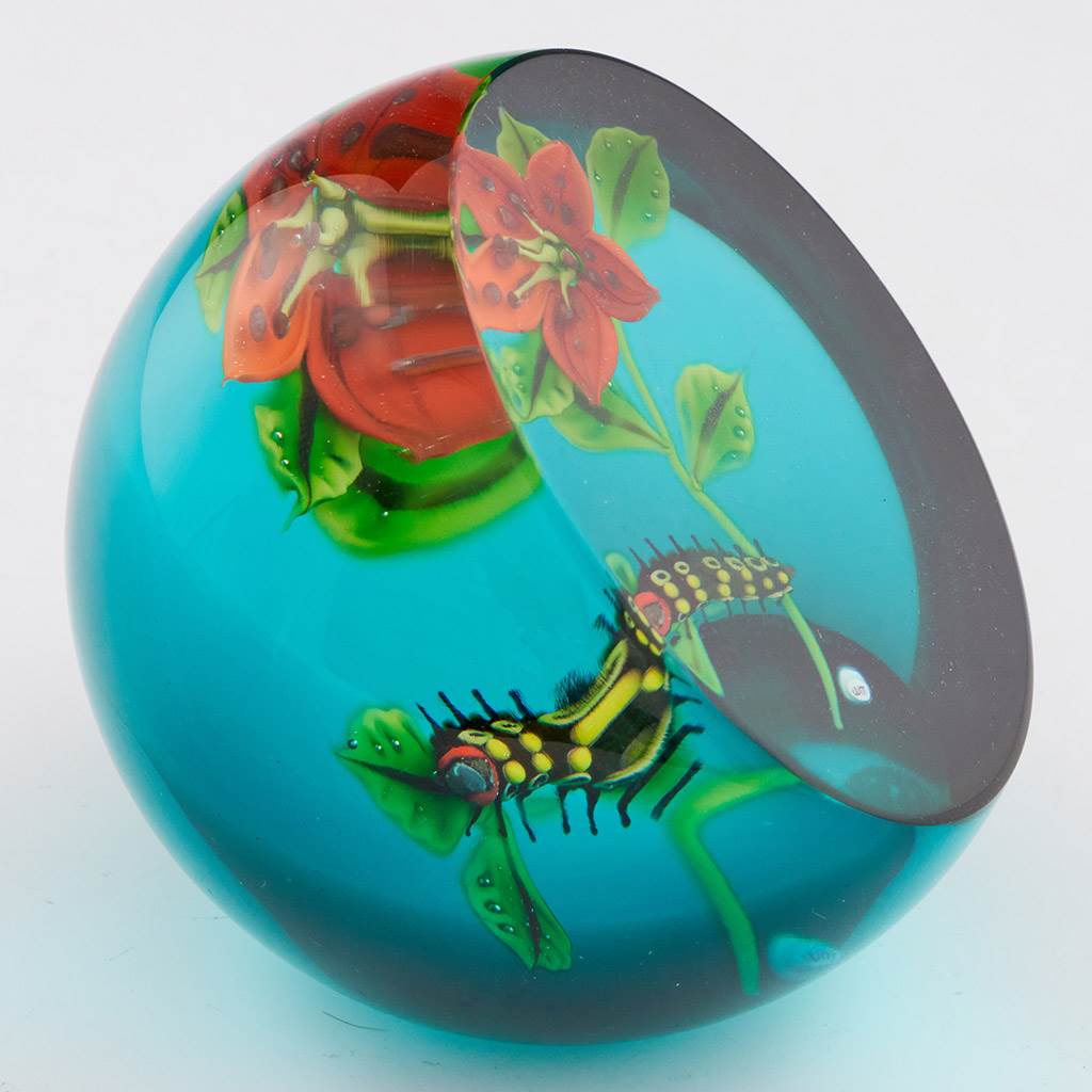 A Rare William Manson Lilium and Caterpillar Paperweight c1980