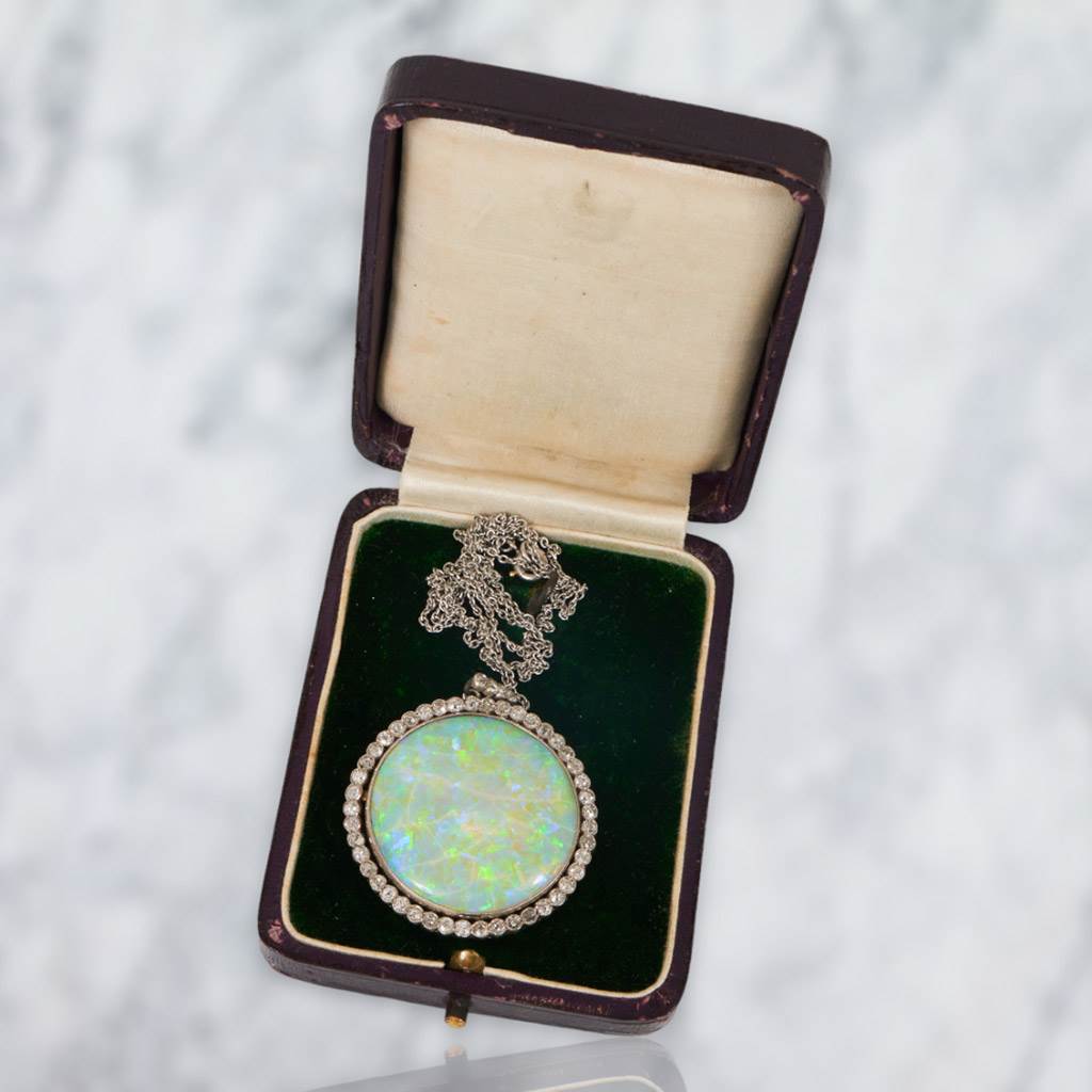 Art Deco Platinum Opal and Diamond Necklace c1925
