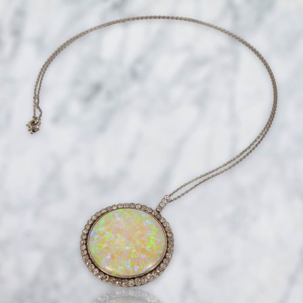 Art Deco Platinum Opal and Diamond Necklace c1925