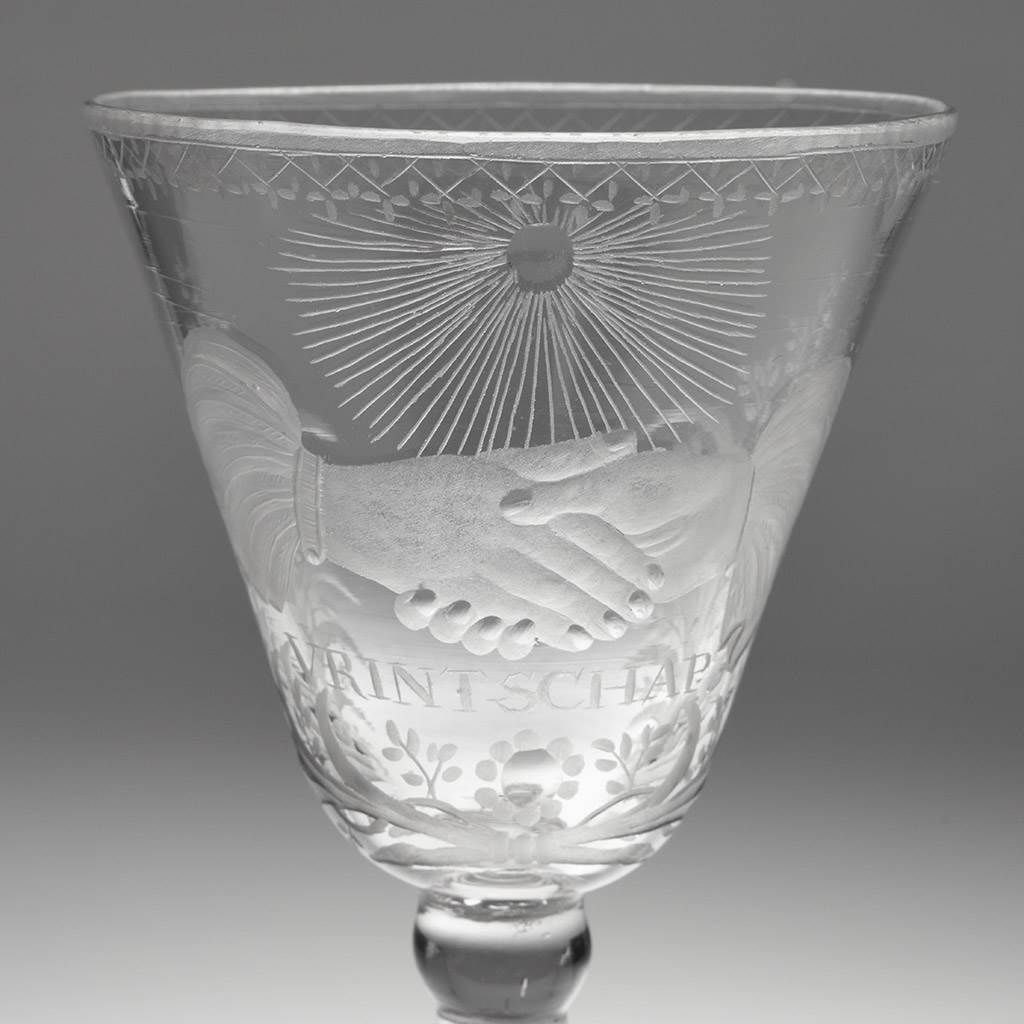 Very Fine Dutch Engraved Light Baluster Friendship Glass c1740
