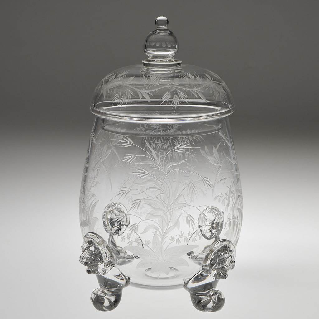 Profusely Engraved Thomas Webb Lion Mask Covered Jar c1880