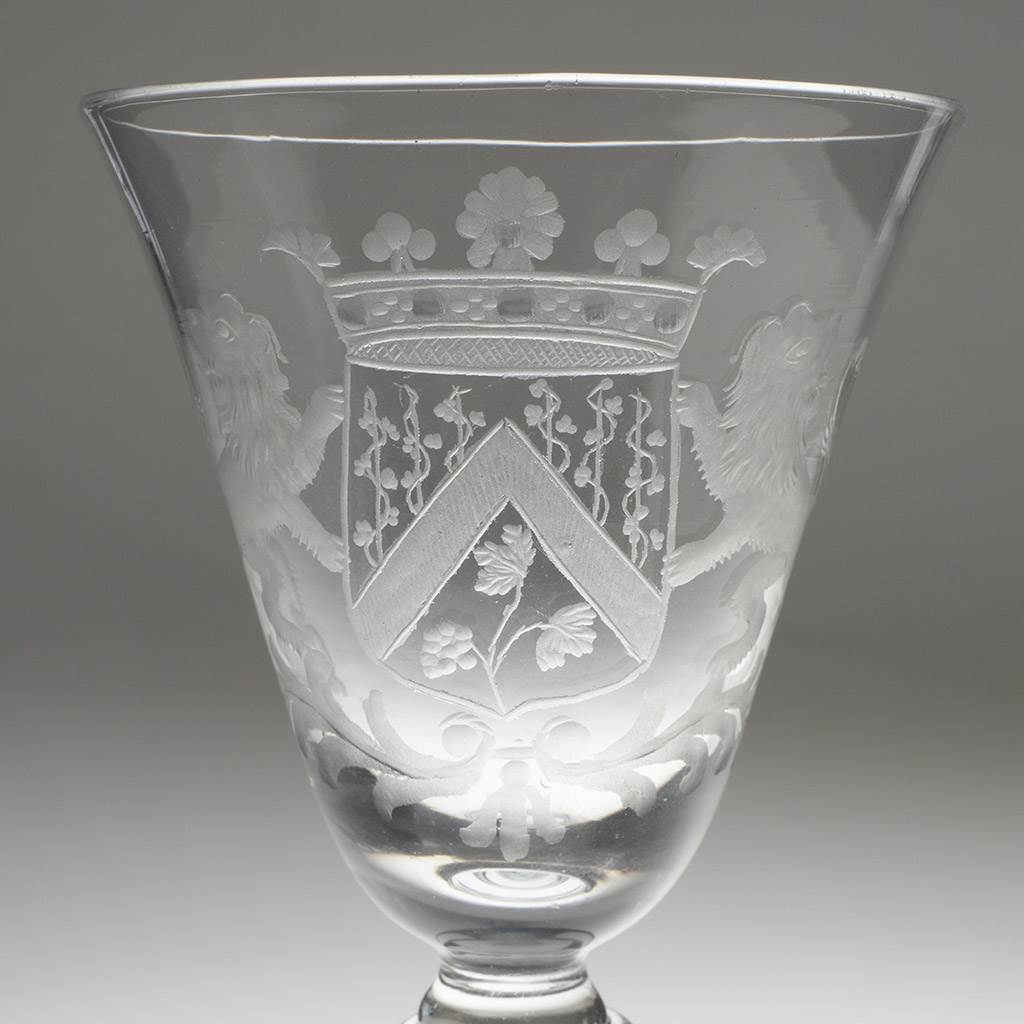 Tall Dutch Engraved Armorial Light Baluster Wine Glass c1750