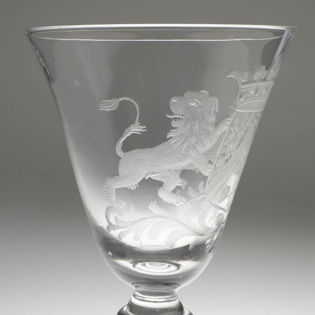 Tall Dutch Engraved Armorial Light Baluster Wine Glass c1750
