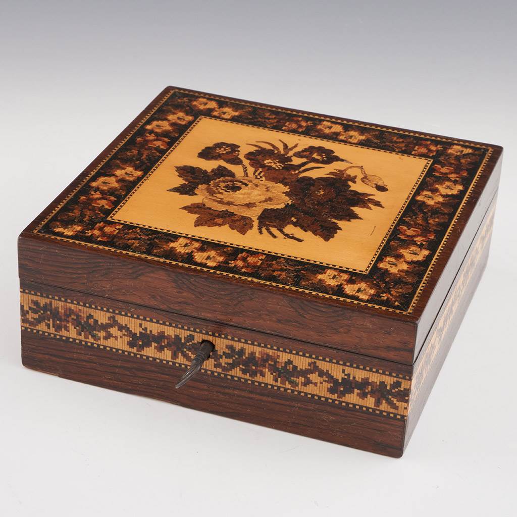 Tunbridge Ware Handkerchief Box with FloralMosaic c1895