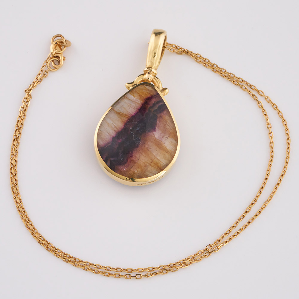 Gold and Blue John Pendant Necklace with Whitby Jet