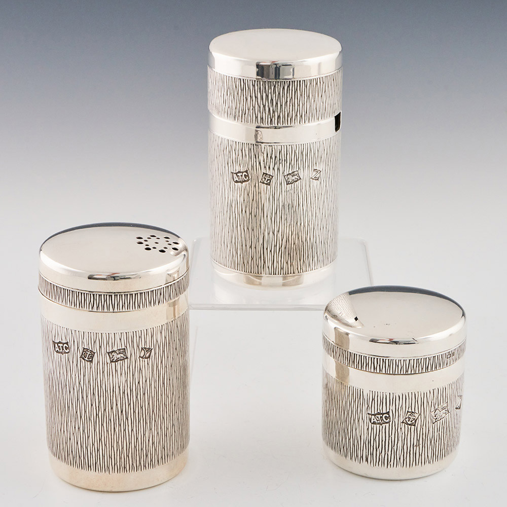 Silver Cruet Set with Bark Effect Finish Birmingham 1973