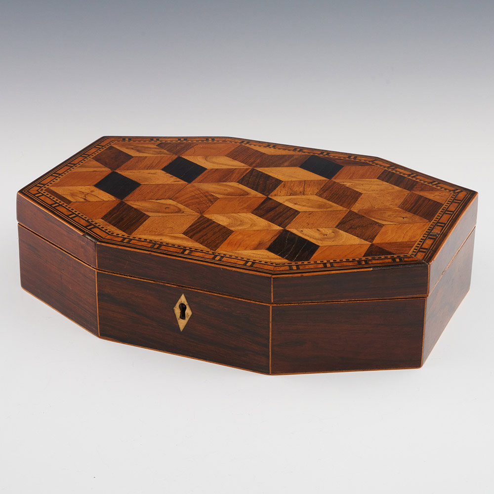 Rare Octagonal Tunbridge Ware Games Box c1845