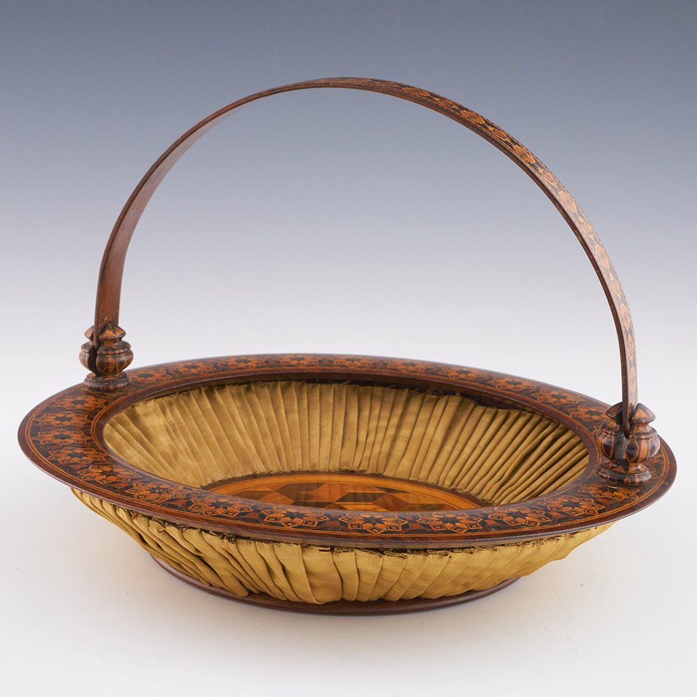 Tunbridge Ware Sewing Basket with Swing Handle c1855