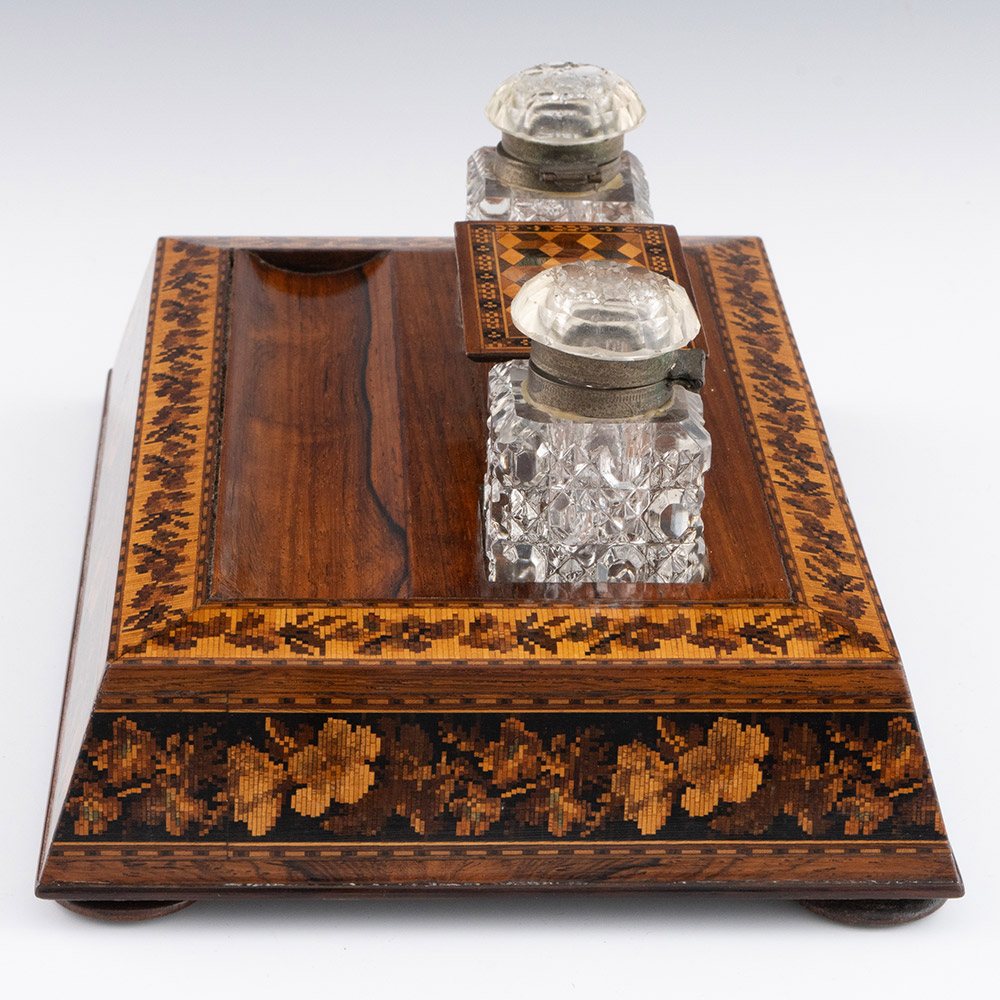 Tunbridge Ware Writing Stand with Faceted Inkwells c1870