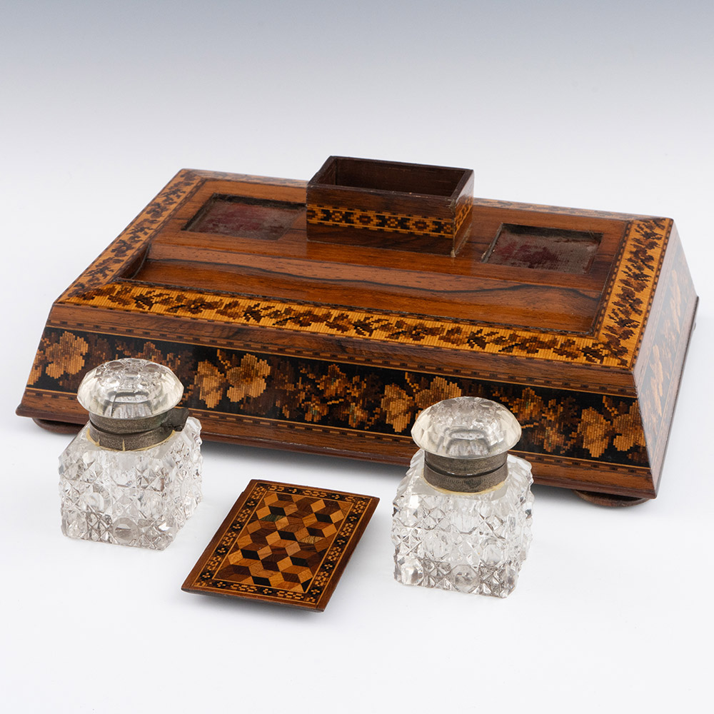 Tunbridge Ware Writing Stand with Faceted Inkwells c1870