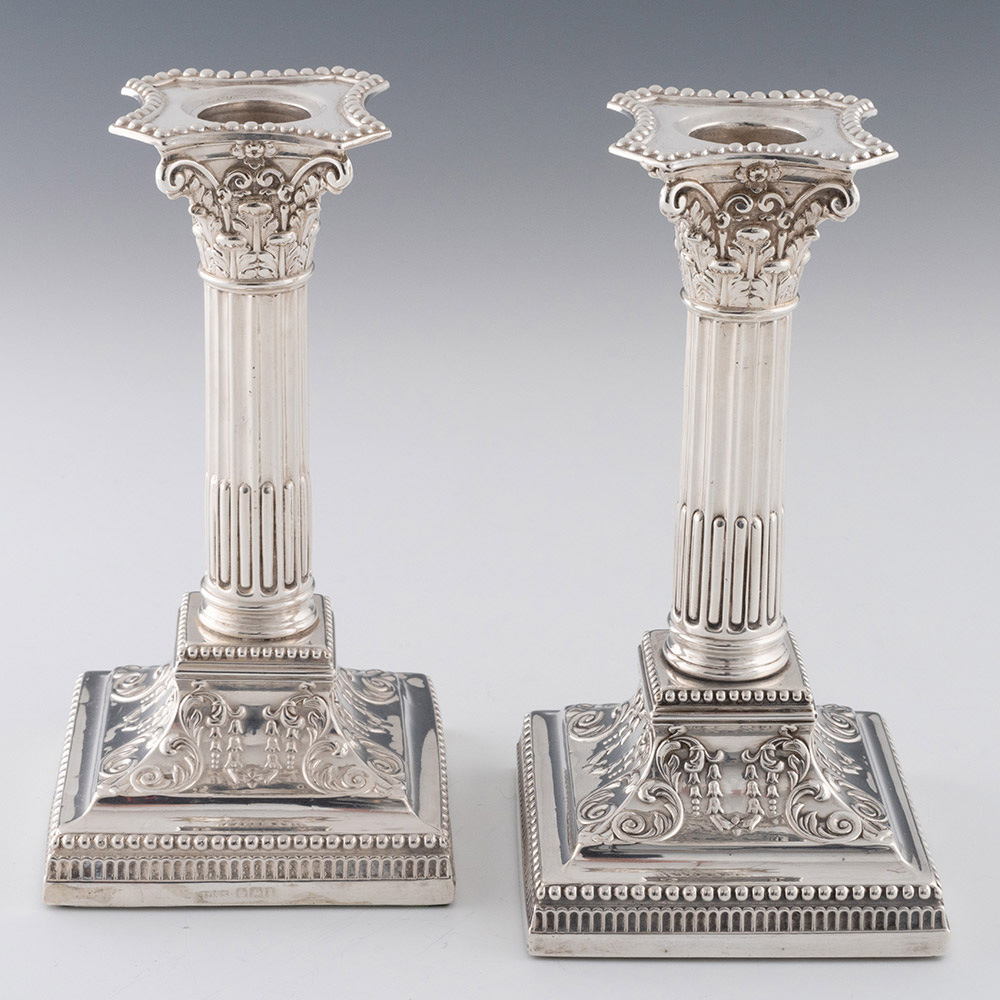 Pair Sterling Silver Candlesticks Corinthian Columns Sheffield 1899
