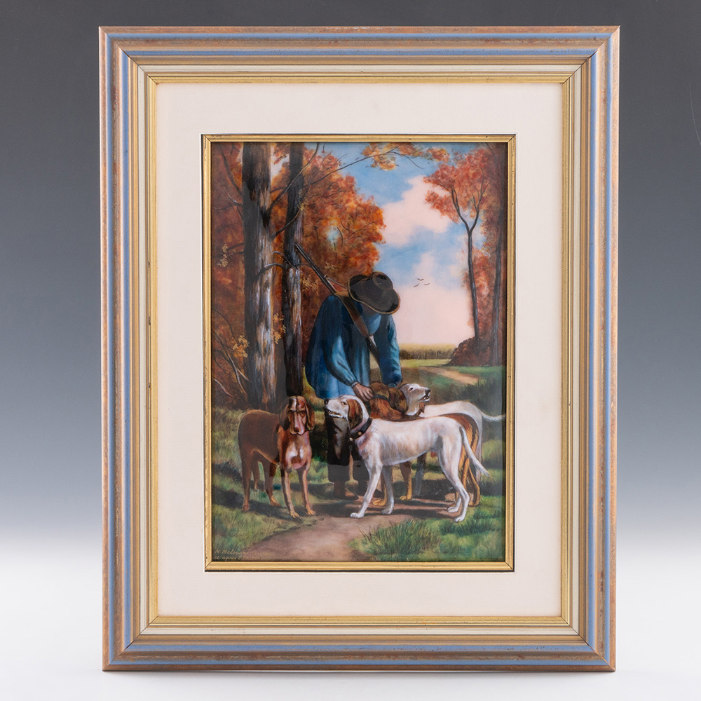 Limoges Enamel – Gamekeeper and Dogs by Michel Bétourné