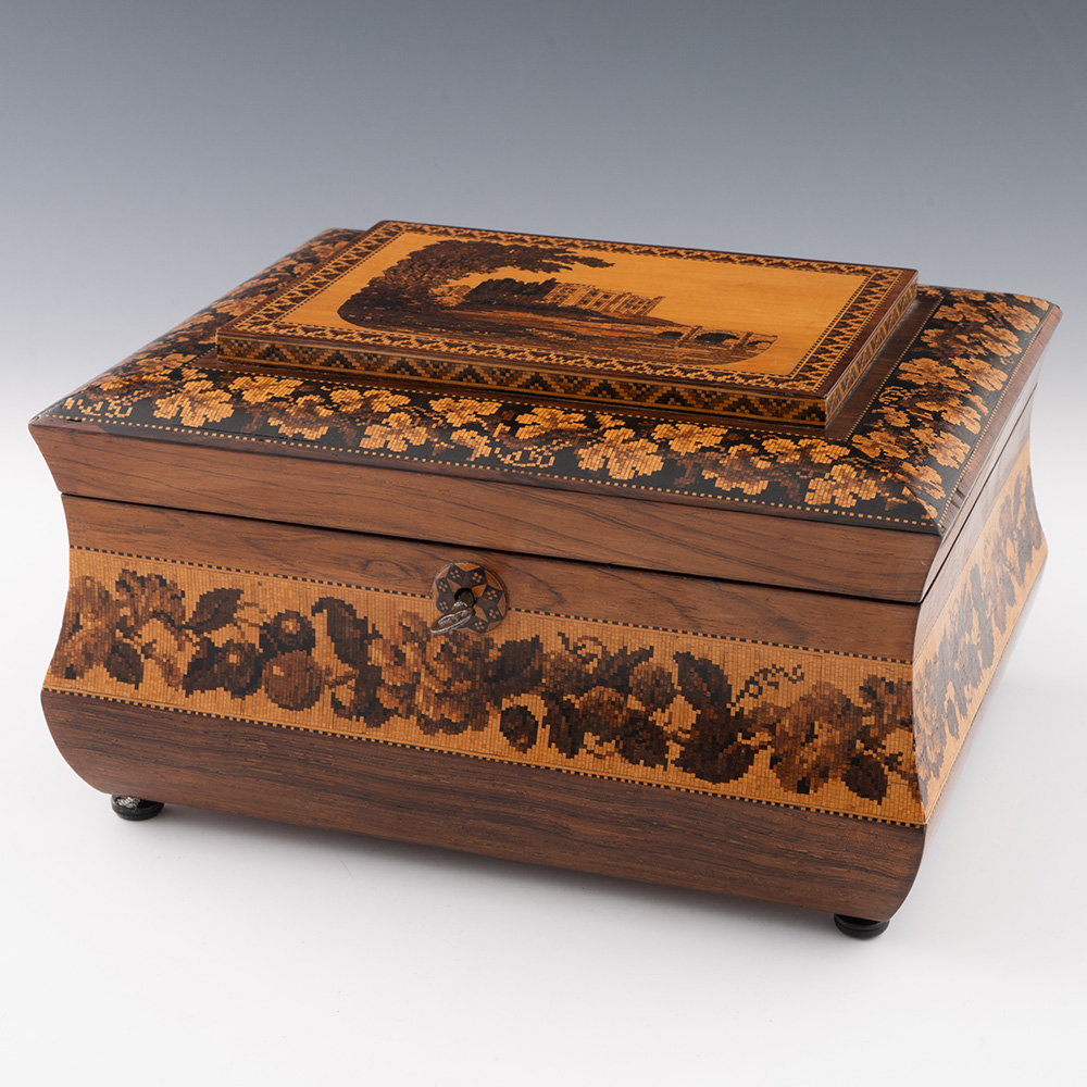 Tunbridge Ware Sewing Box Depicting Carew Castle c1870