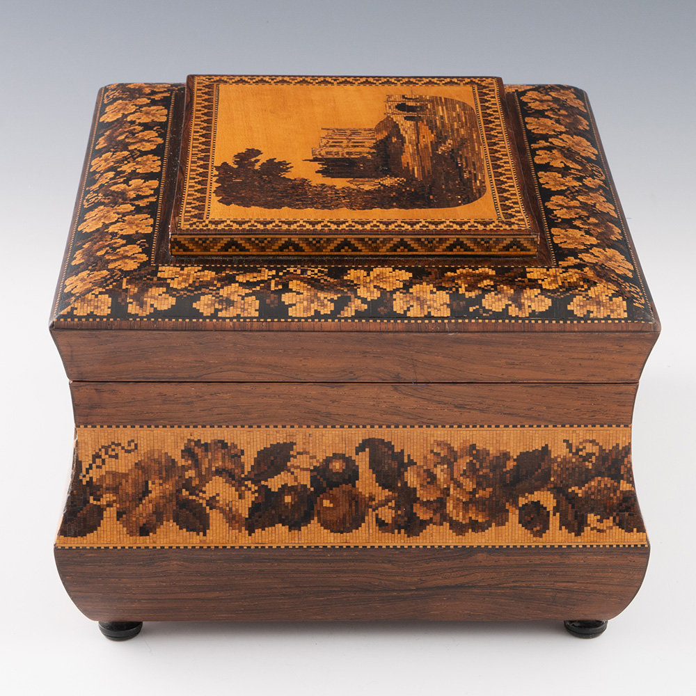 Tunbridge Ware Sewing Box Depicting Carew Castle c1870